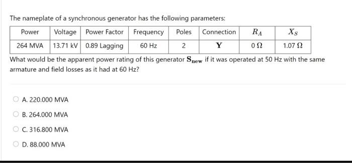 Solved RA The nameplate of a synchronous generator has the | Chegg.com