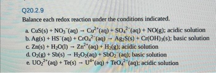 Solved Q20.2.9 Balance each redox reaction under the | Chegg.com