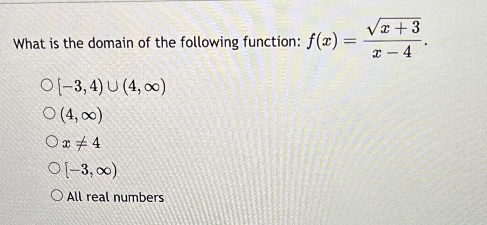 Solved What is the domain of the following function: | Chegg.com