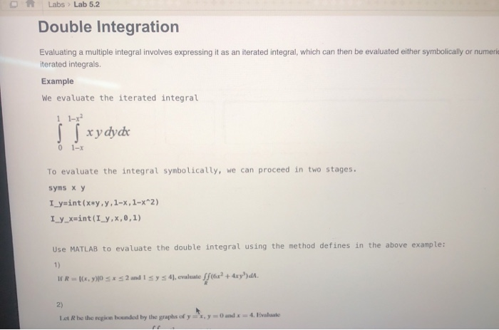 Solved Labs Lab 5.2 Double Integration Evaluating a multiple | Chegg.com