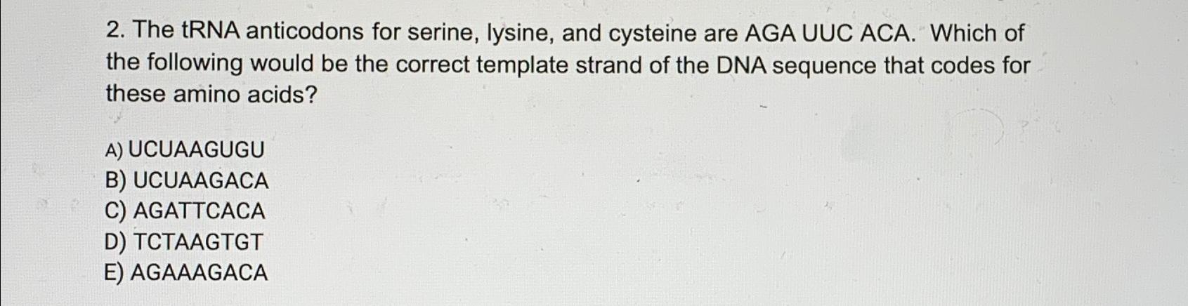 Solved The tRNA anticodons for serine, lysine, and cysteine | Chegg.com