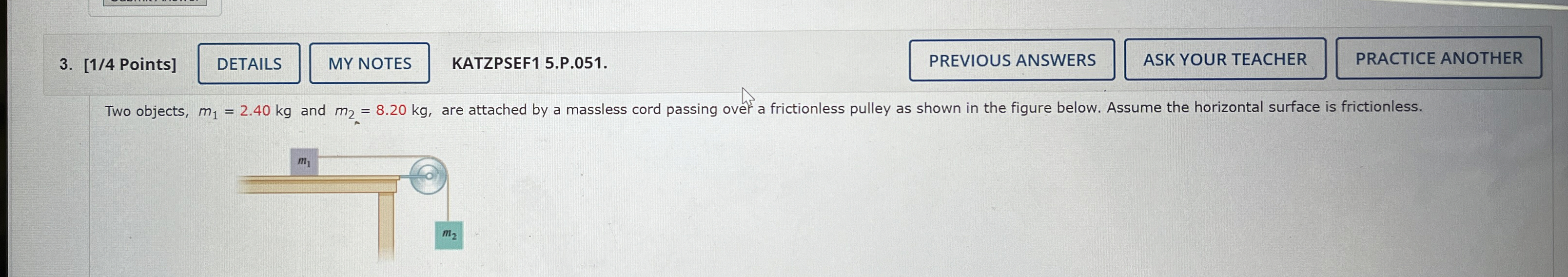 Solved Points]KATZPSEF1 5.P. 051 .Two objects, m1=2.40kg | Chegg.com