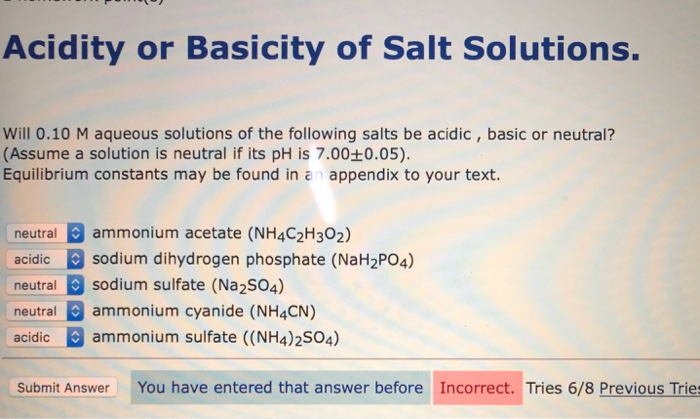 Solved Acidity or Basicity of Salt Solutions. Will 0.10 M | Chegg.com