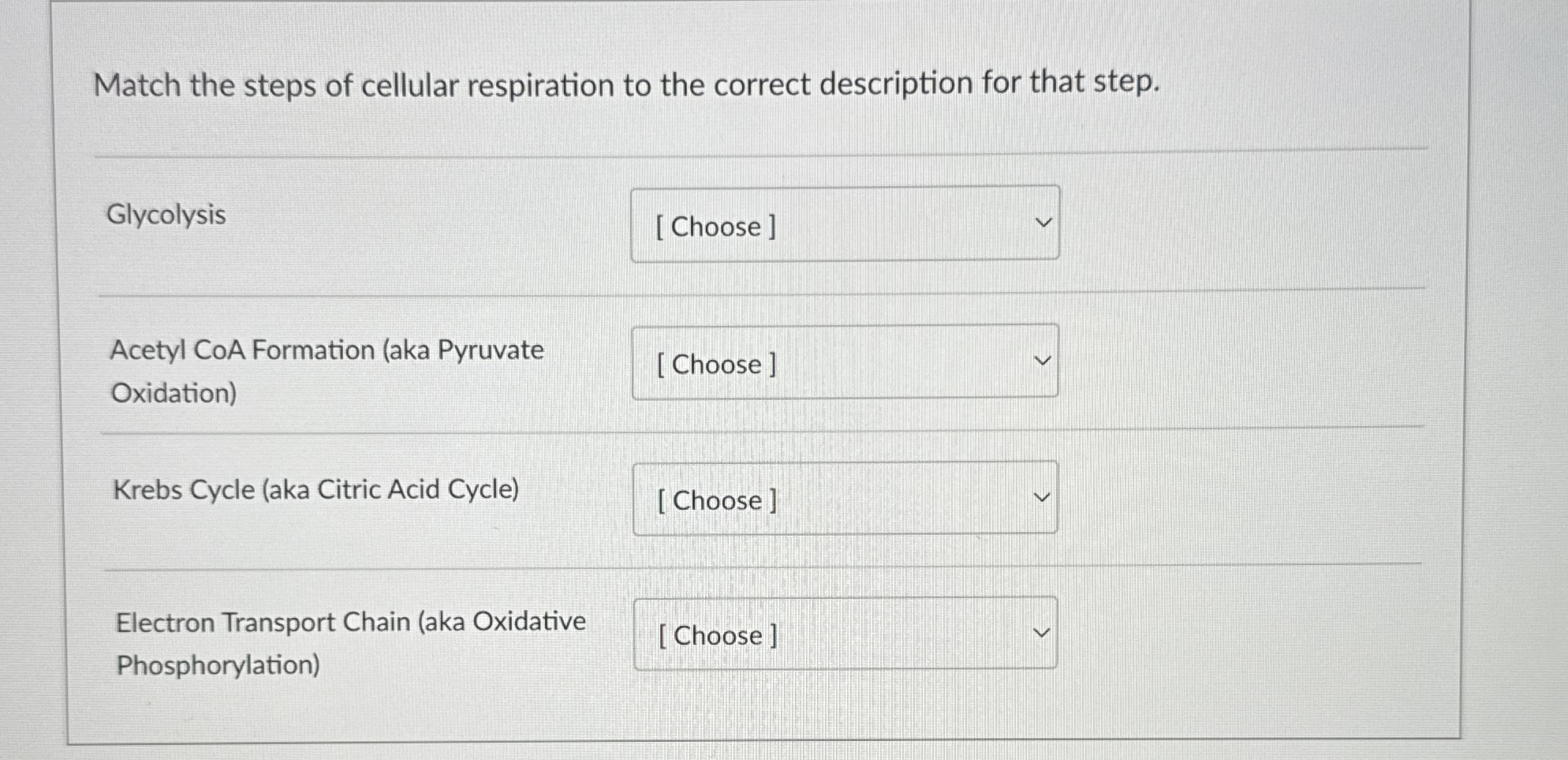 Solved Match the steps of cellular respiration to the | Chegg.com