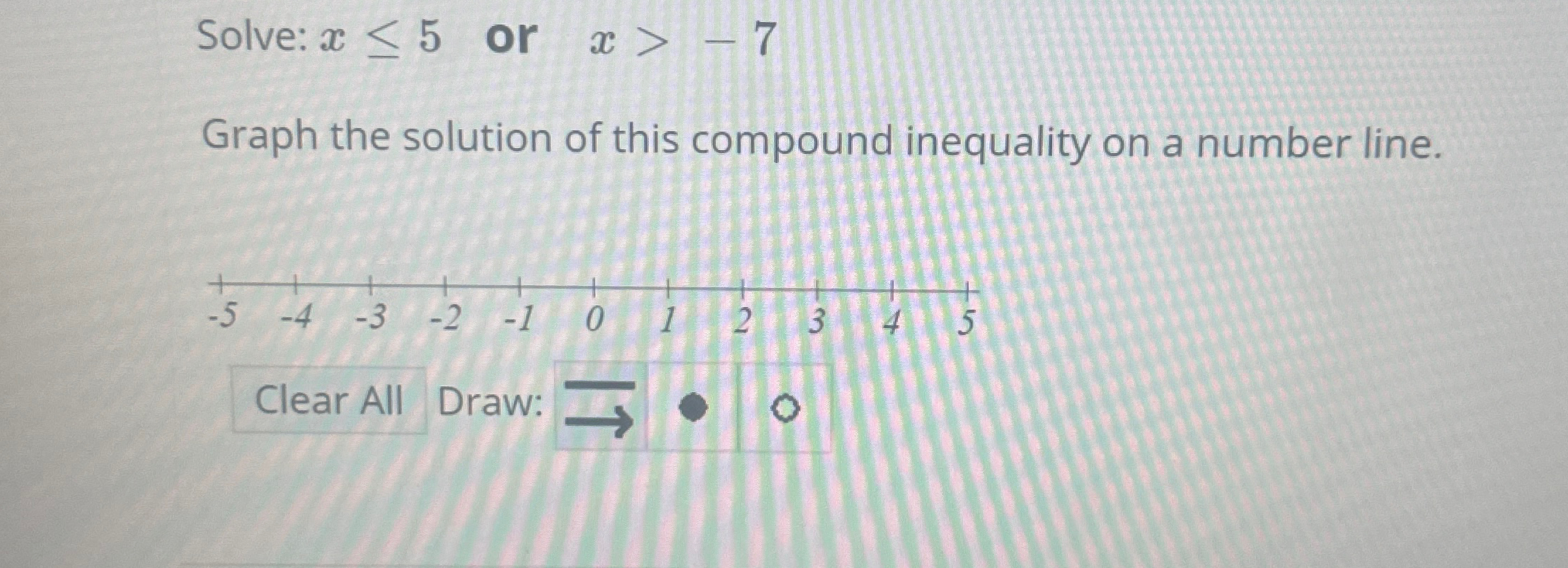 Solved Solve: x≤5 ﻿or x>-7Graph the solution of this | Chegg.com