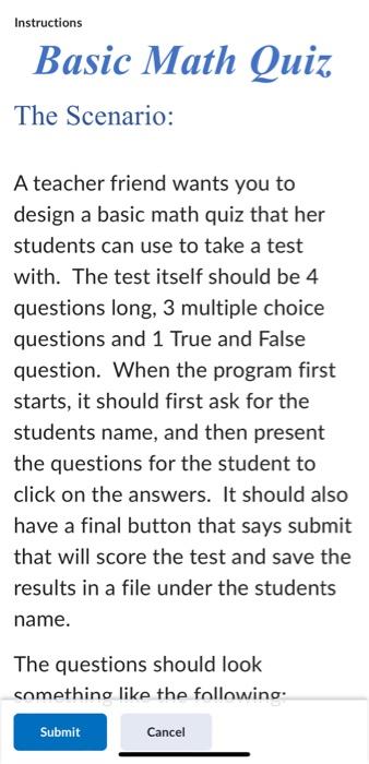 Solved Instructions Basic Math Quiz The Scenario: A teacher | Chegg.com