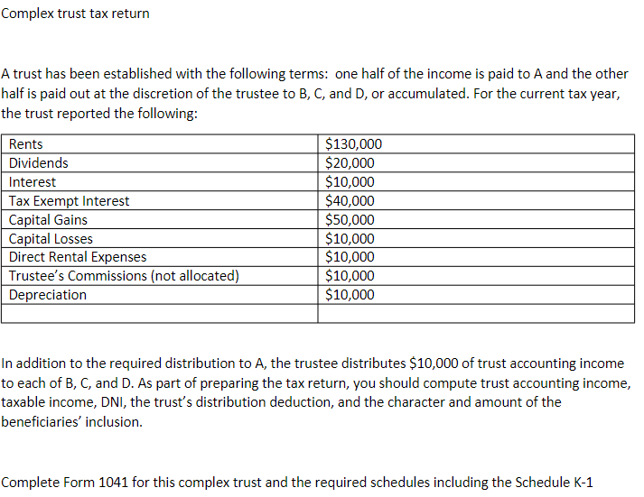 Complex trust tax returnA trust has been established | Chegg.com