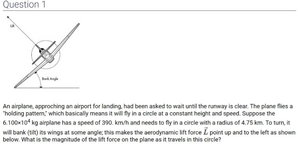 Solved Question 1 Lift Bank Angle An airplane, approching an | Chegg.com Solved Question 1 Lift Bank Angle An airplane, approching an | Chegg.com