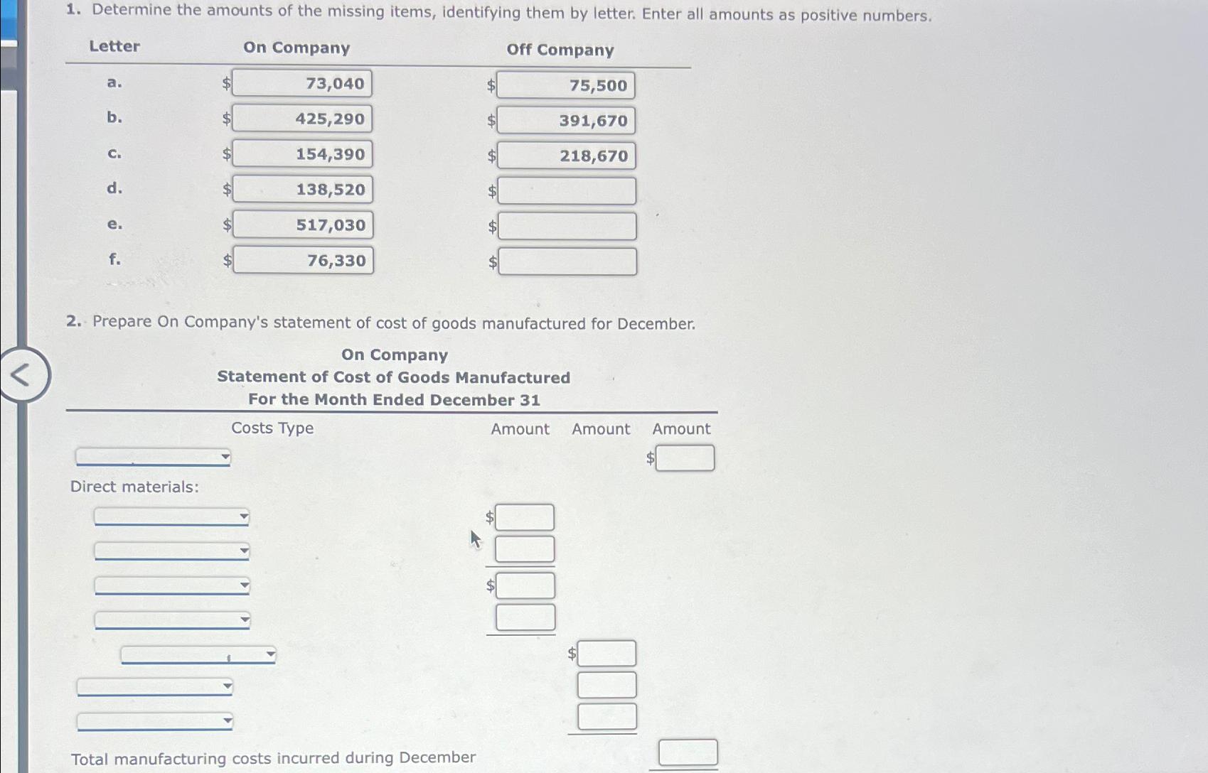 Determine the amounts of the missing items, | Chegg.com