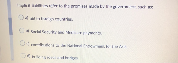 Solved Implicit liabilities refer to the promises made by | Chegg.com