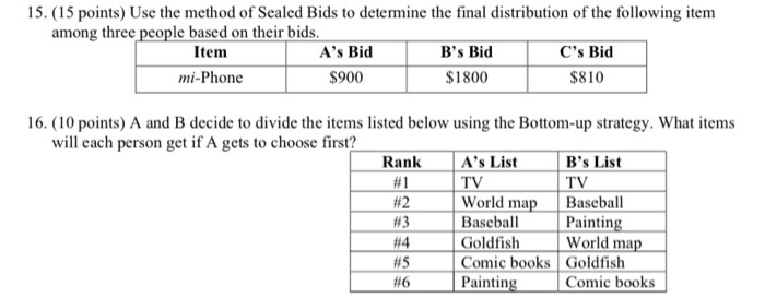 Solved 15. (15 points) Use the method of Sealed Bids to | Chegg.com