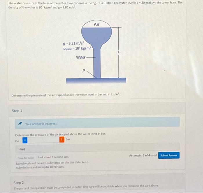 Solved The water pressure at the base of the water tower | Chegg.com