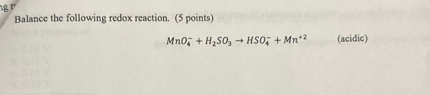 Solved Balance the following redox reaction. (5 | Chegg.com