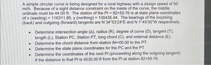 Solved A simple circular curve is being designed for a rural | Chegg.com