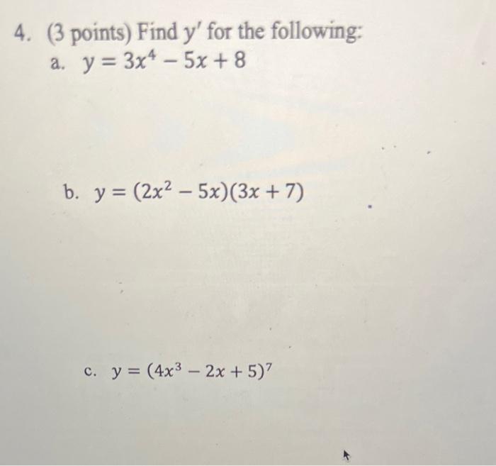 Solved 4. ( 3 points) Find y′ for the following: a. | Chegg.com