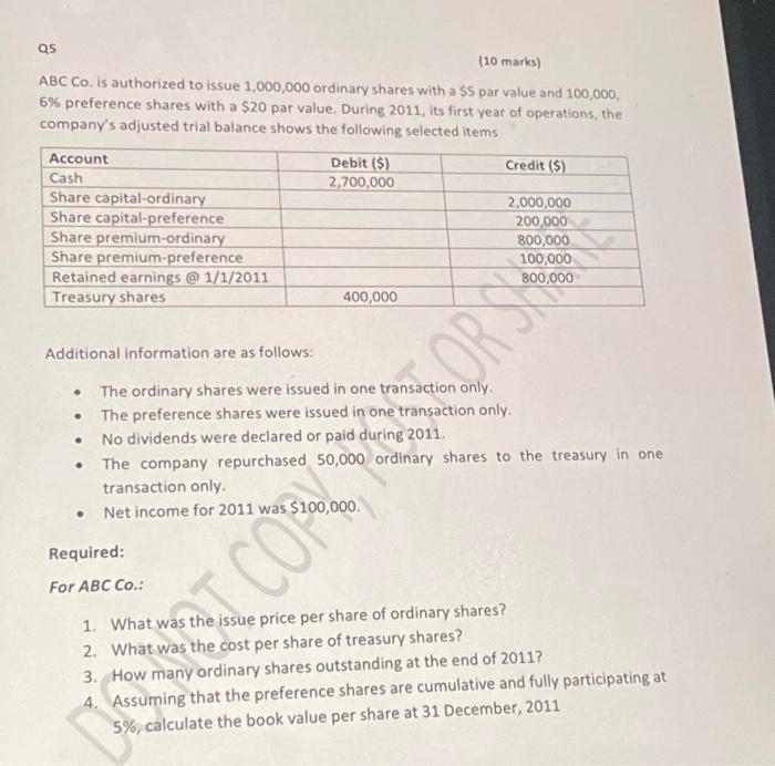 Solved Q5 (10 marks) ABC Co. is authorized to issue | Chegg.com
