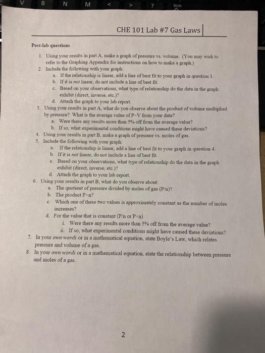 CHE 101 Lab #7 Gas Laws CHE 101: Report Sheet Name: | Chegg.com