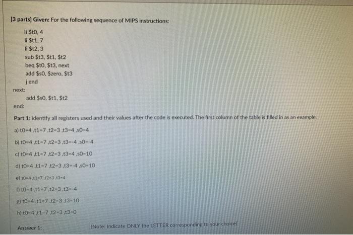 Solved (3 parts) Given: For the following sequence of MIPS | Chegg.com