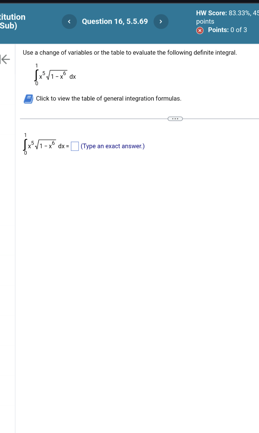 Solved HW Score: 83.33%,45 Question 16, 5.5.69 points × | Chegg.com