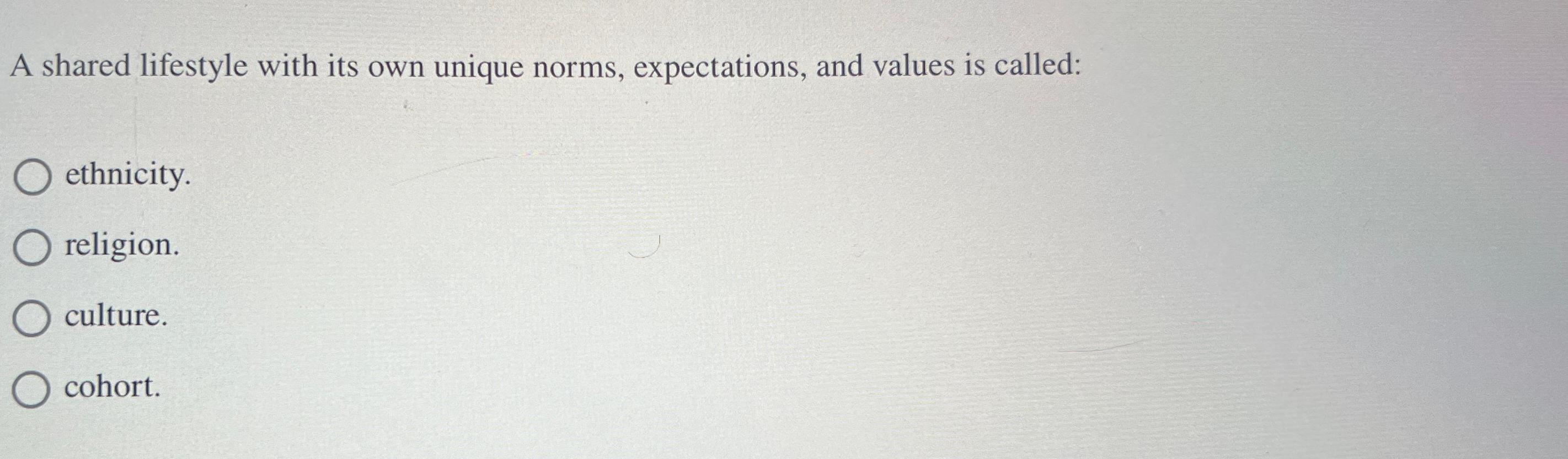 Solved A shared lifestyle with its own unique norms, | Chegg.com