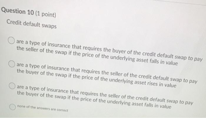 Solved Question 10 (1 point) Credit default swaps are a type | Chegg.com