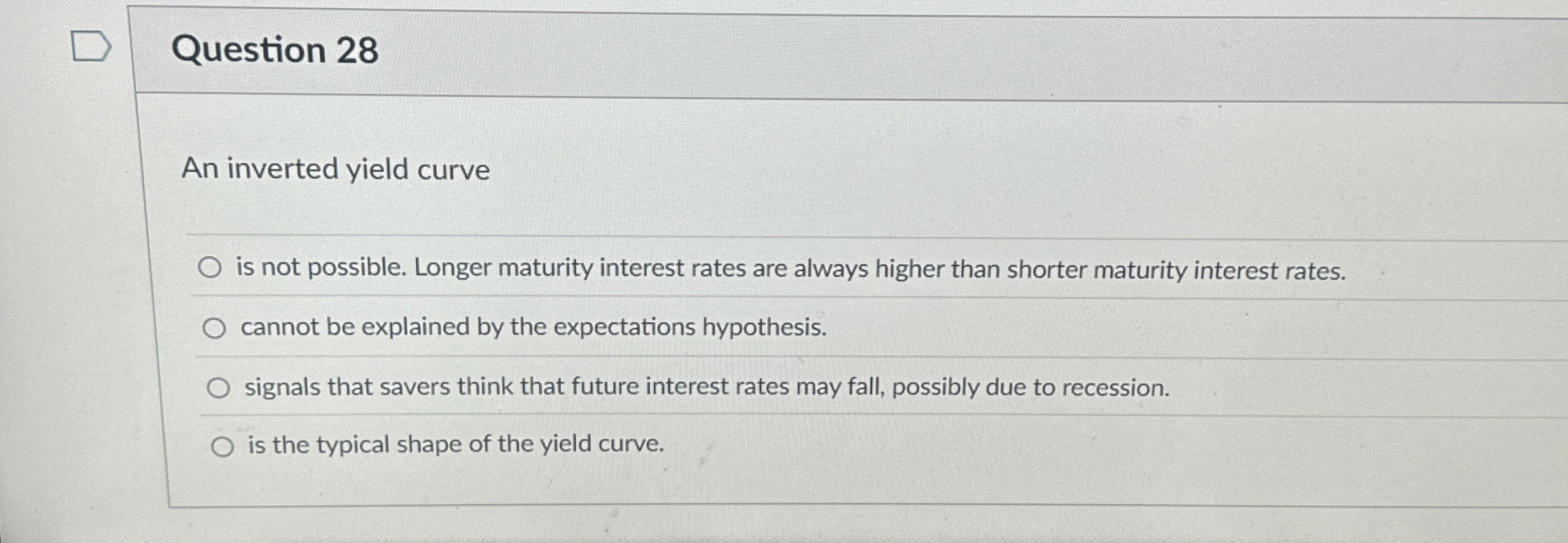 Solved Question 28An inverted yield curveis not possible. | Chegg.com