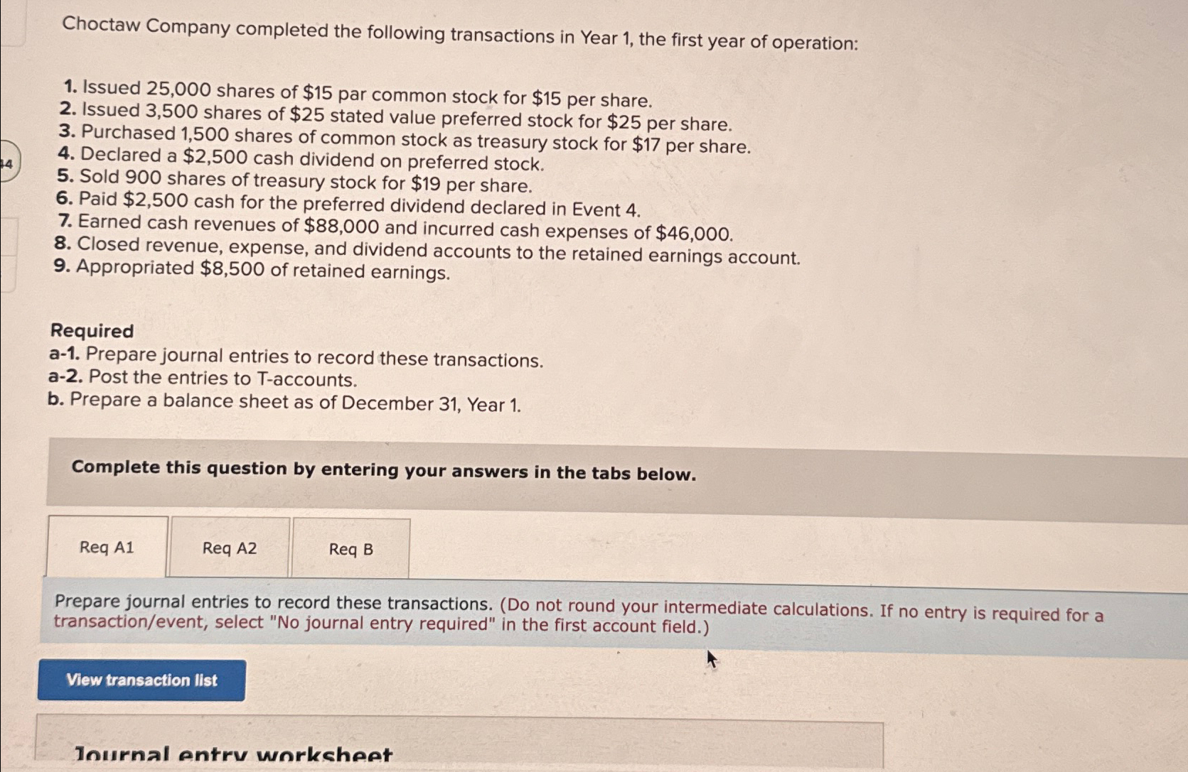 Solved Choctaw Company completed the following transactions | Chegg.com
