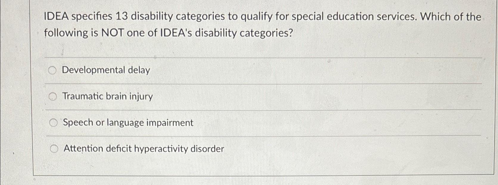 Solved IDEA specifies 13 ﻿disability categories to qualify | Chegg.com