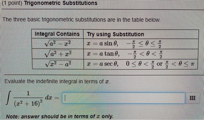 Solved (1 point) Trigonometric Substitutions The three basic | Chegg.com