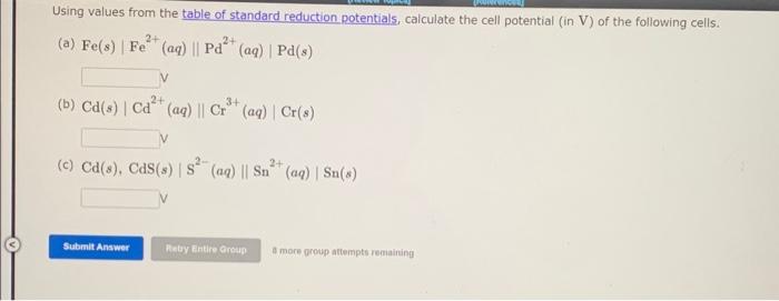 Solved Using values from the table of standard reduction | Chegg.com