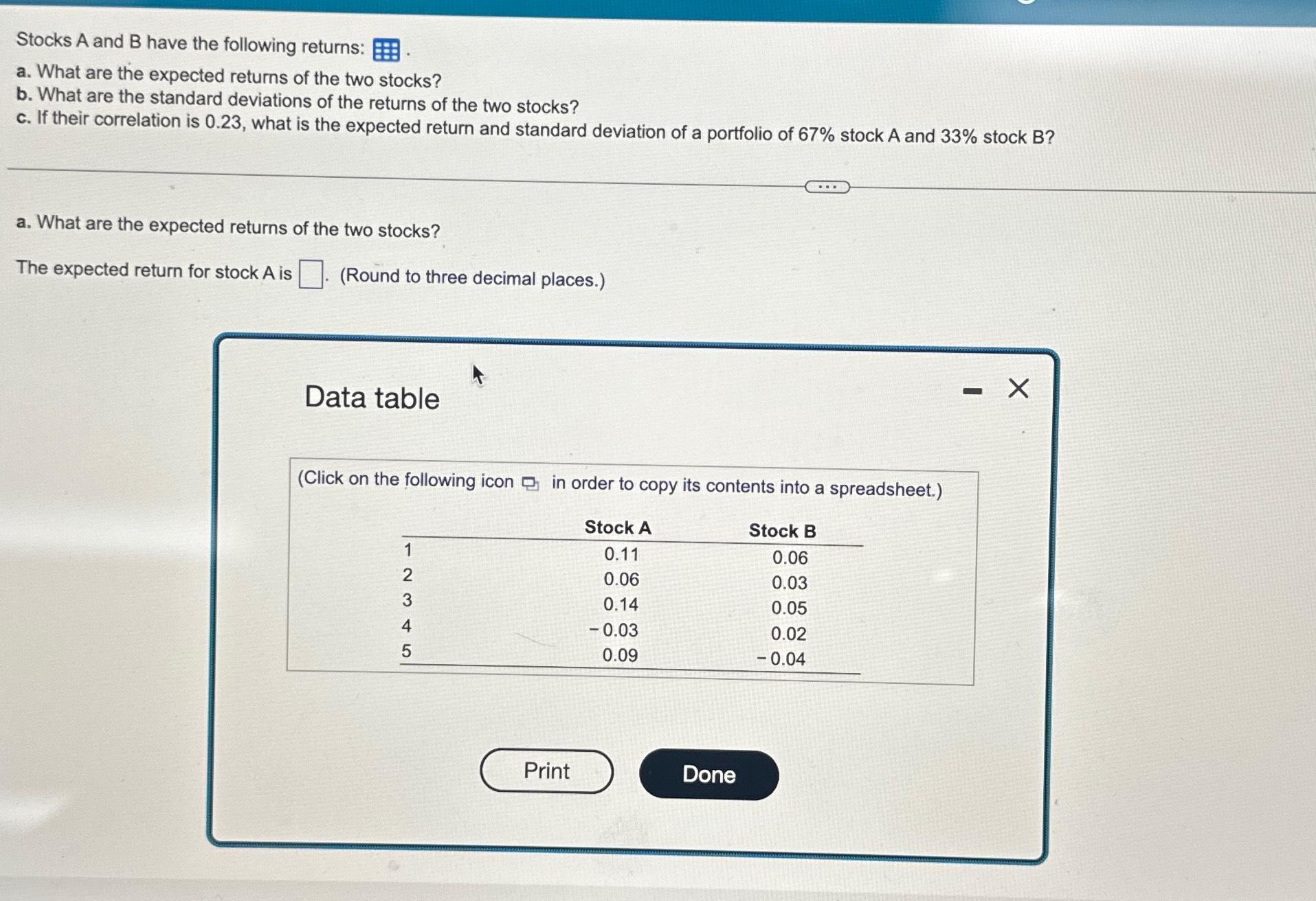 Solved Stocks A and B ﻿have the following returns: 囲a. ﻿What | Chegg.com