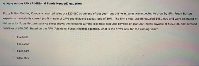 Solved 4. More on the AFN (Additional Funds Needed) equation | Chegg.com
