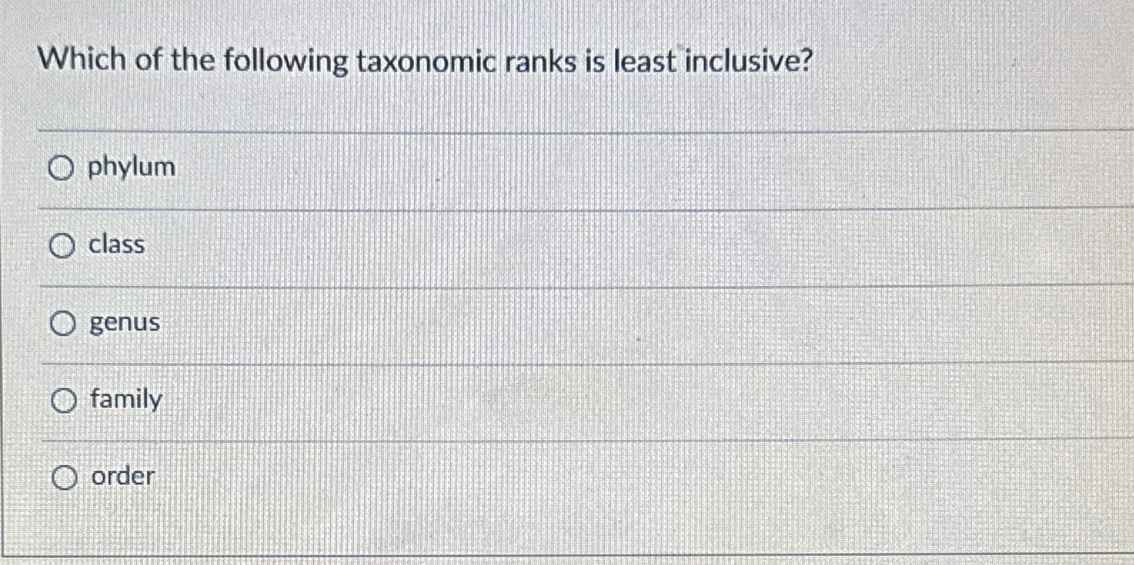 Solved Which of the following taxonomic ranks is least | Chegg.com