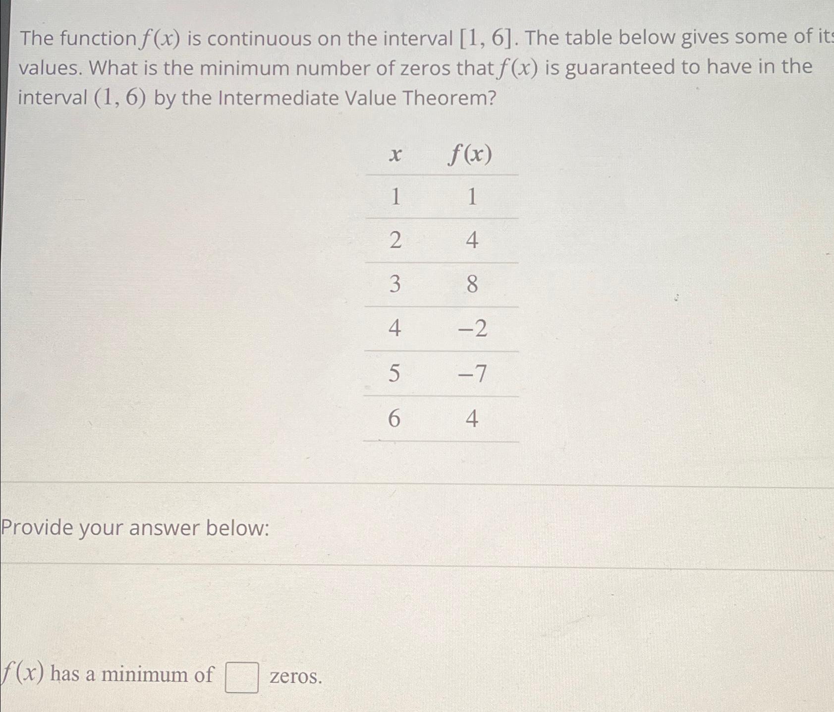 Solved The function f(x) ﻿is continuous on the interval 1,6. | Chegg.com