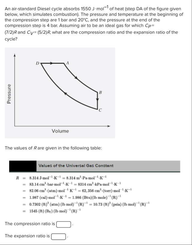 Solved An air-standard Diesel cycle absorbs 1550J*mol-1 ﻿of | Chegg.com