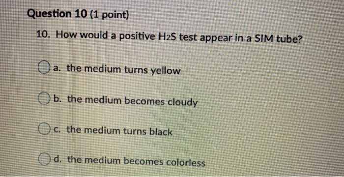 Solved Question 10 (1 point) 10. How would a positive H2S | Chegg.com