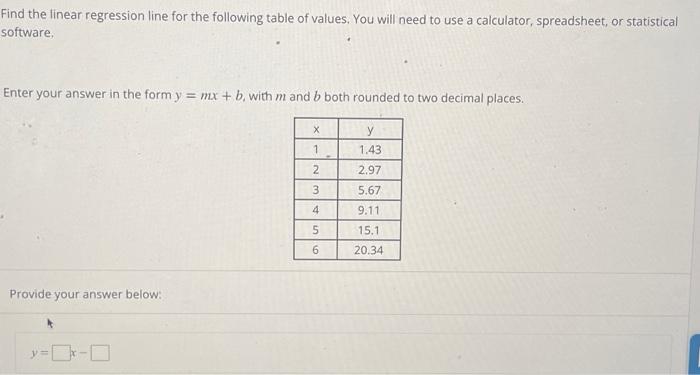 Solved Find the linear regression line for the following | Chegg.com