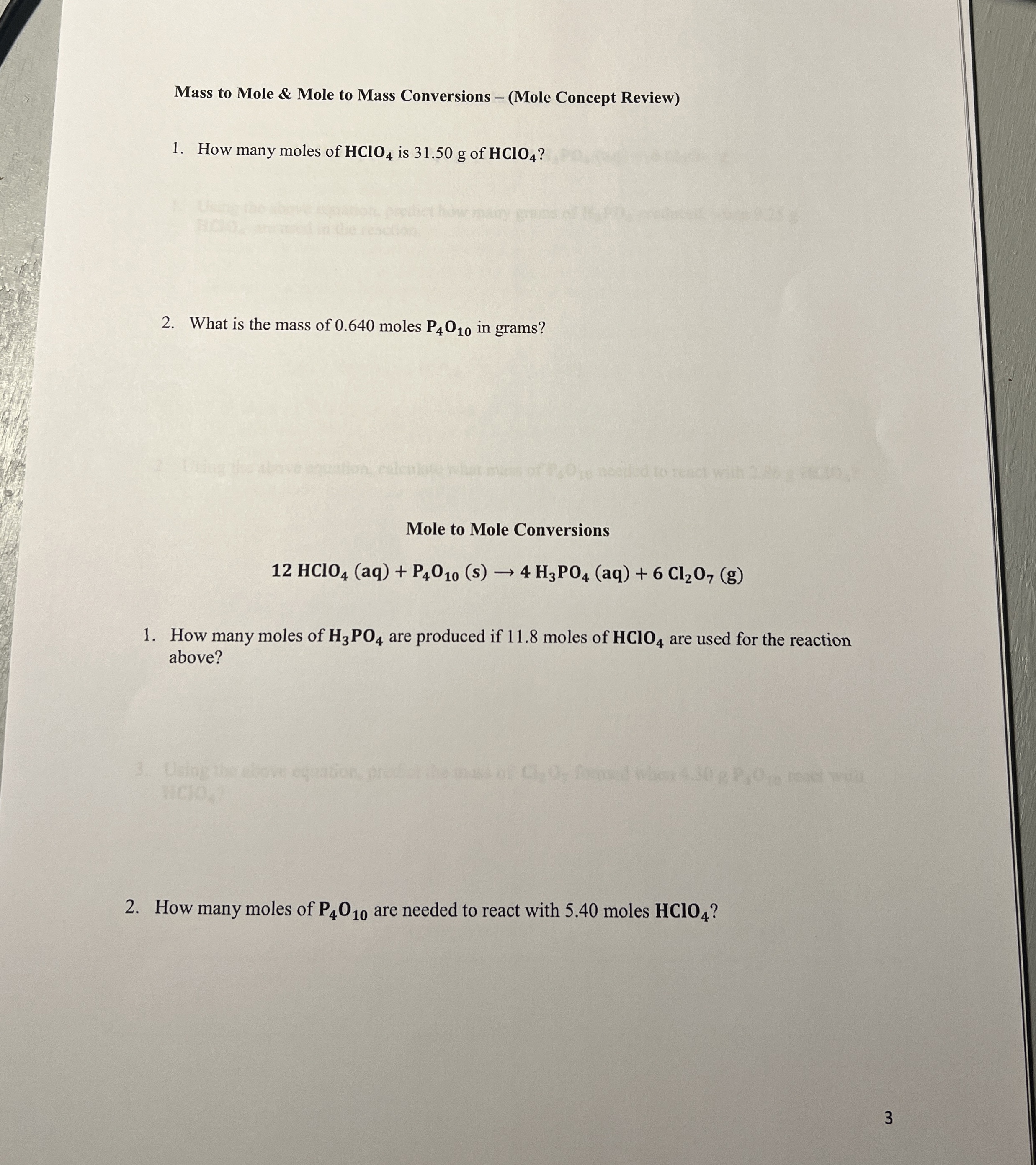 Solved Mass to Mole & Mole to Mass Conversions - (Mole | Chegg.com