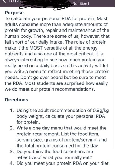 Solved Nutrition 1 Purpose To calculate your personal RDA | Chegg.com