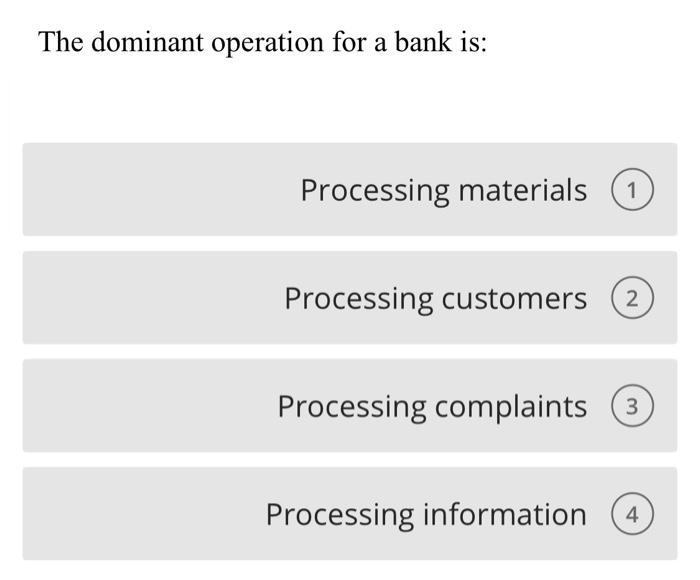 Solved The dominant operation for a bank is: Processing | Chegg.com
