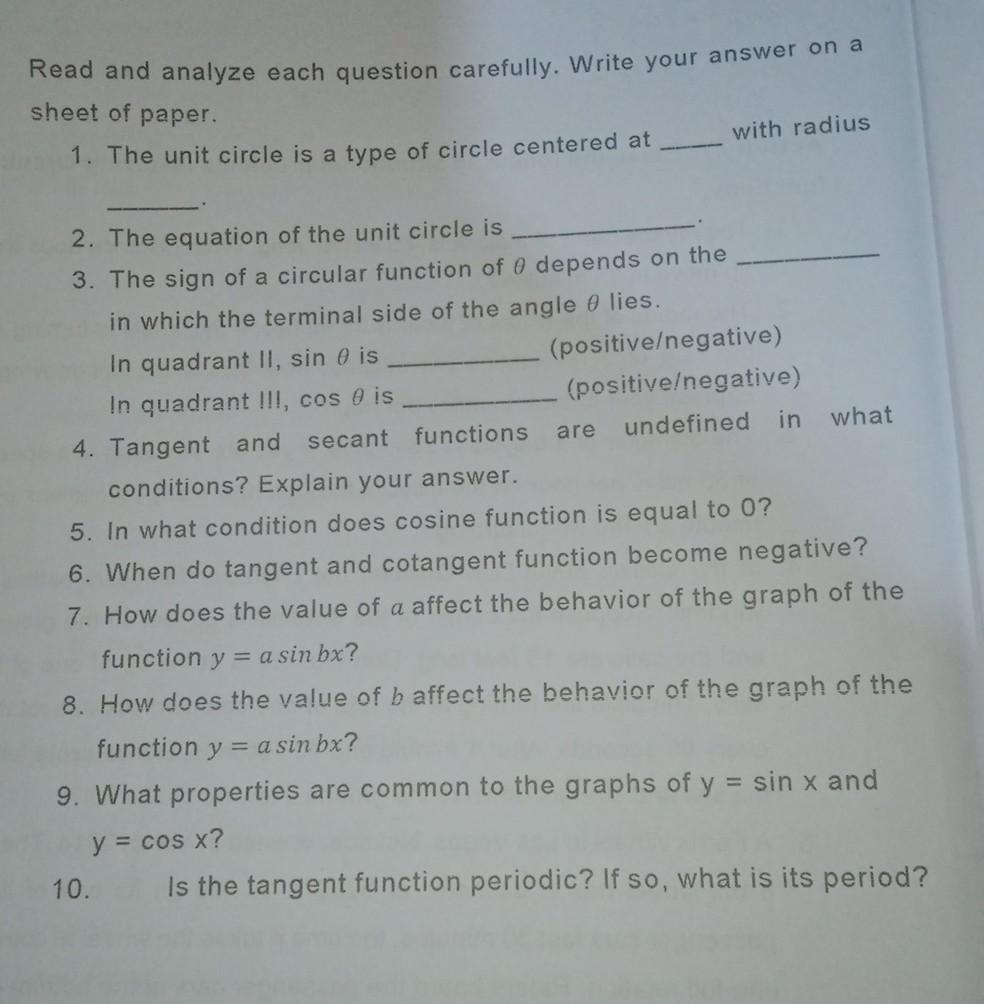 Solved Read and analyze each question carefully. Write your | Chegg.com