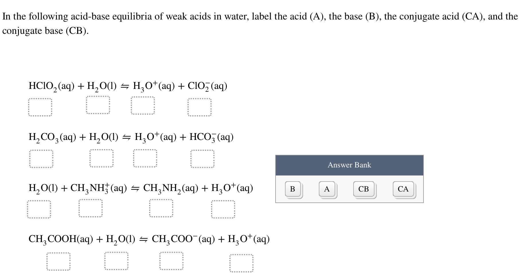Solved In the following acid-base equilibria of weak acids | Chegg.com