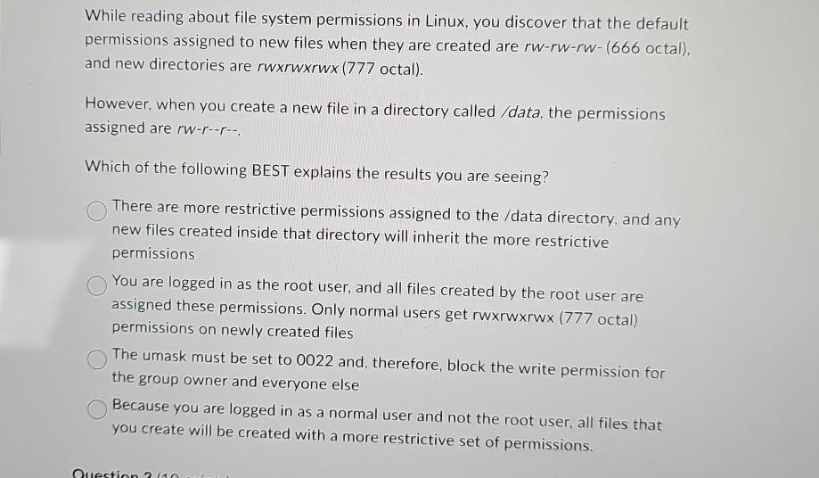Solved While reading about file system permissions in Linux, | Chegg.com