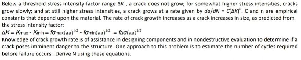 Solved Below a threshold stress intensity factor range AK, a | Chegg.com