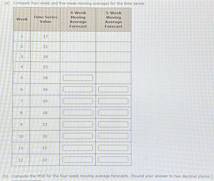 Solved a) Compute four-week and five-week moving averages | Chegg.com