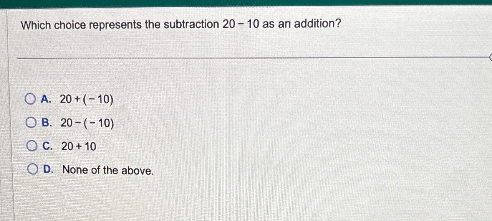 Solved Which choice represents the subtraction 20-10 ﻿as an | Chegg.com