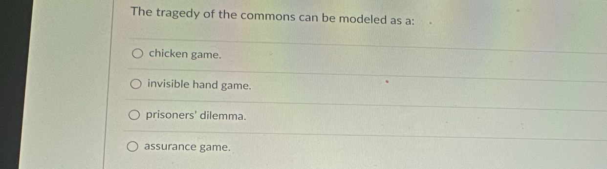 Solved The tragedy of the commons can be modeled as | Chegg.com