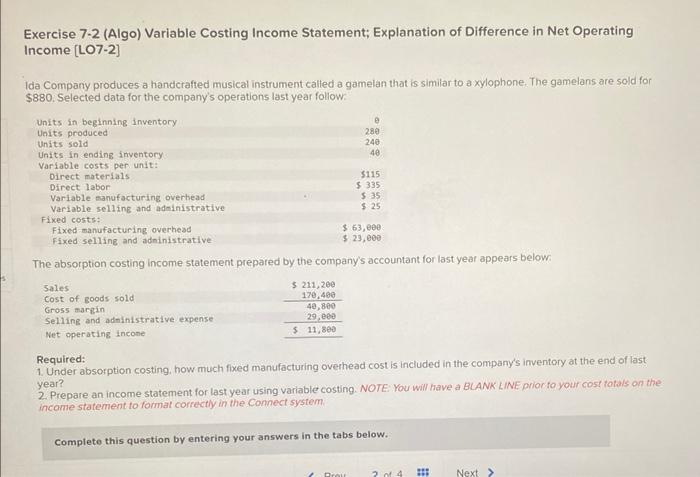 Solved Exercise 7-2 (Algo) Variable Costing Income | Chegg.com Solved Exercise 7-2 (Algo) Variable Costing Income | Chegg.com