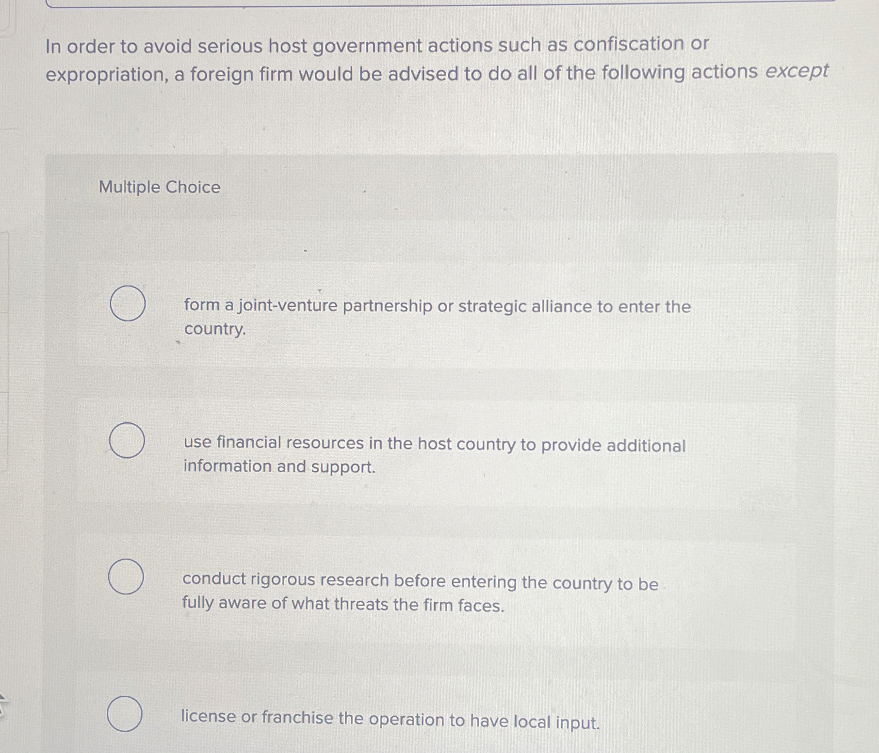 Solved In order to avoid serious host government actions | Chegg.com