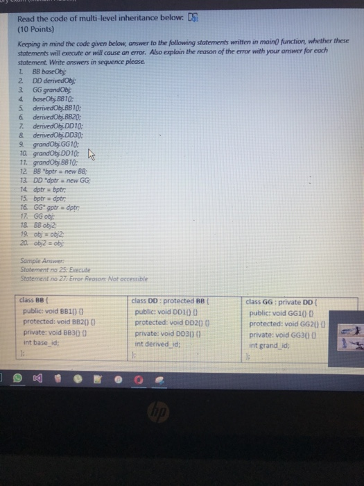 Read the code of multi-level inheritance below: (10 | Chegg.com